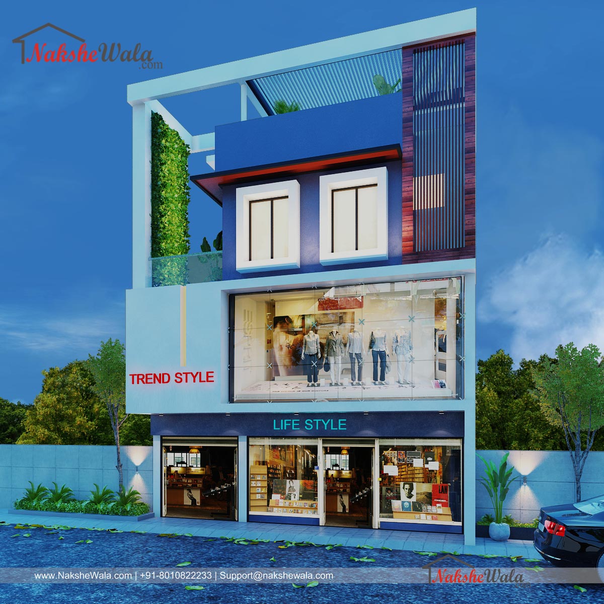 Showroom with Office Building Design | 40*80 Shopping Complex Elevation ...