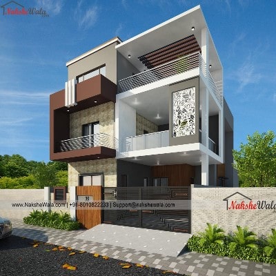 30x50sqft Triple Storey Home Elevation | East Facing Triplex House Design